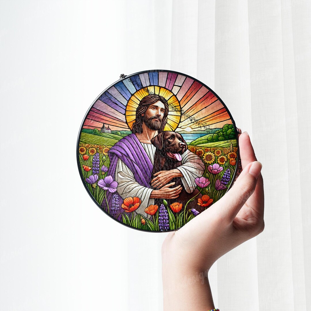 Jesus Christ Hugging A Chocolate Labrador GLASS Suncatcher Decor, God ...