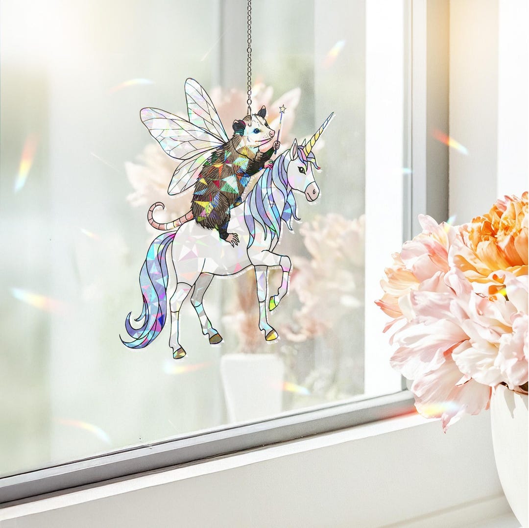 Hologram God Possum Riding Unicorn Acrylic Window Hanging, Handcrafted ...