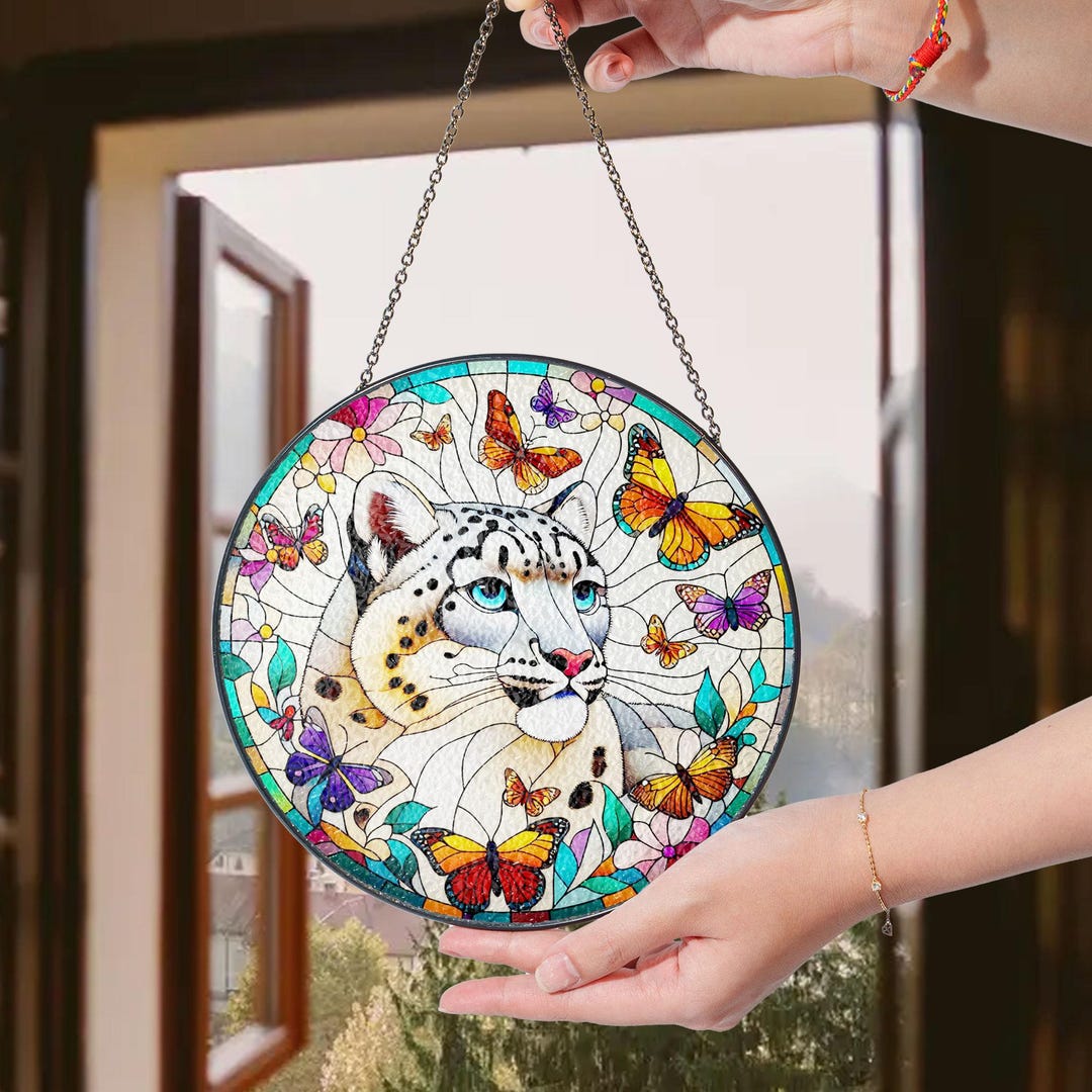 Snow Leopard and Butterflies Stained GLASS Suncatcher Decor, Snow ...