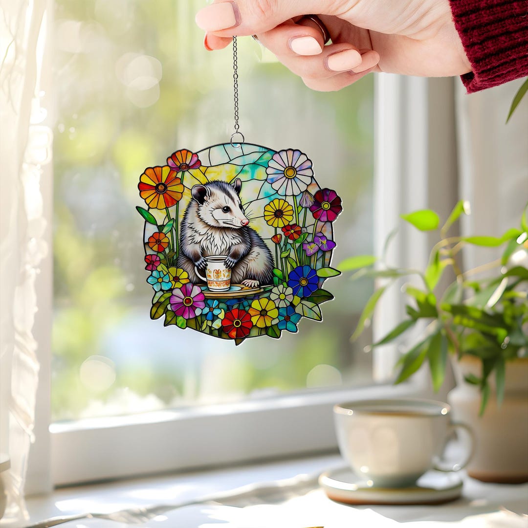 Opossum and Coffee Suncatcher Window Hanging, Funny Opossum Acrylic ...