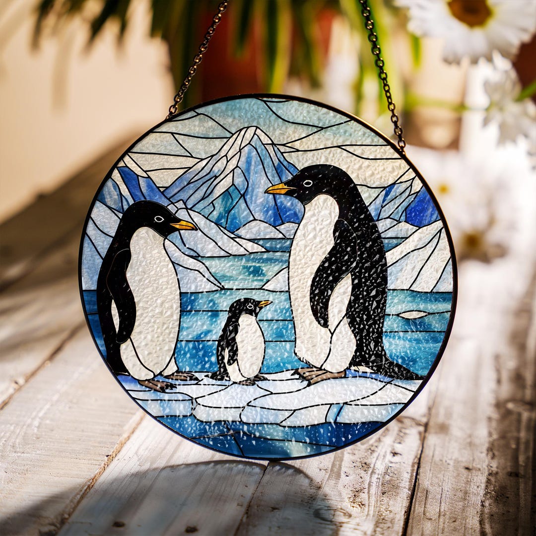 Penguin Family Glass Suncatcher, Beautiful Penguin on Iceberg ...