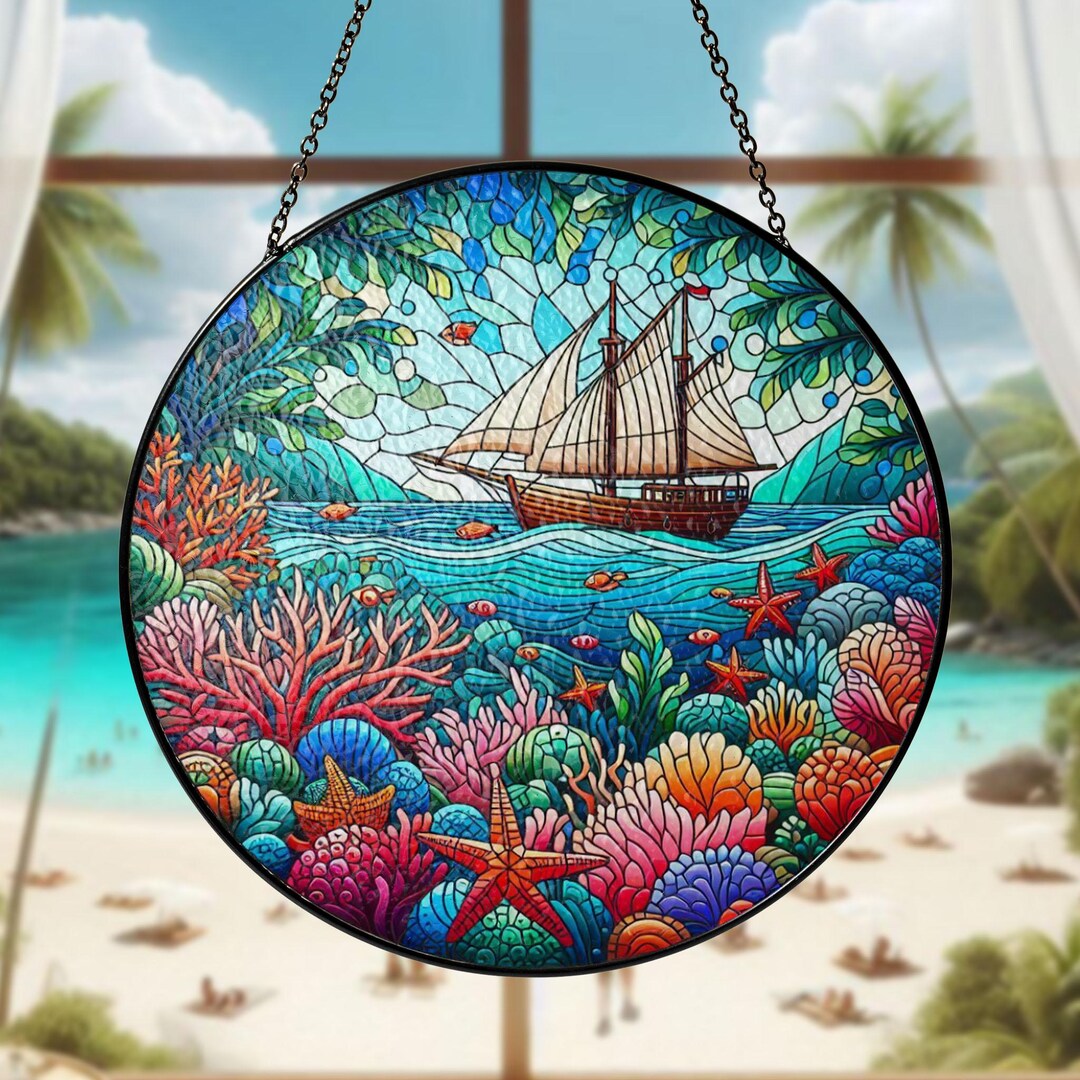 Boat With Coral Reef Stained GLASS Suncatcher Decor, Boat Window ...