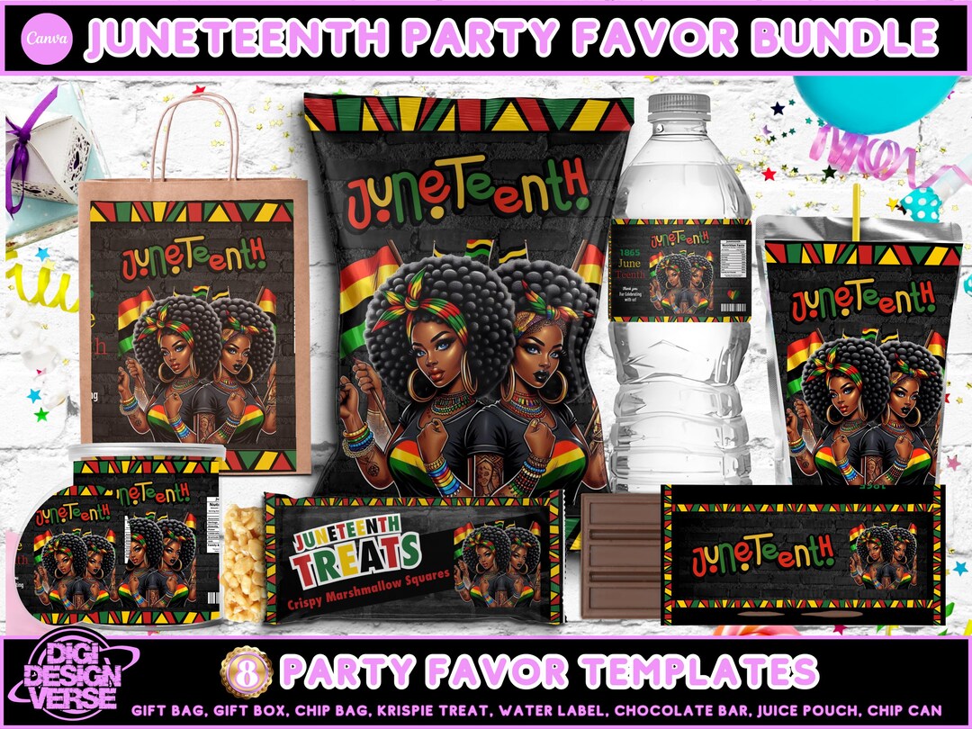 Juneteenth Party Favor Bundle, Chip Bag Template, Water Bottle Labels ...