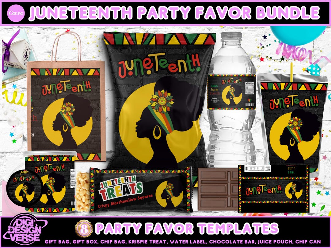 Juneteenth Party Favor Bundle, Chip Bag Template, Water Bottle Labels ...
