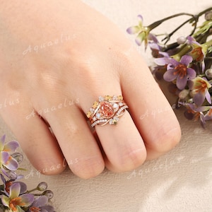 3pcs Rings Pear Firework Cut Orange Sapphire Engagement Ring Set Gold ...