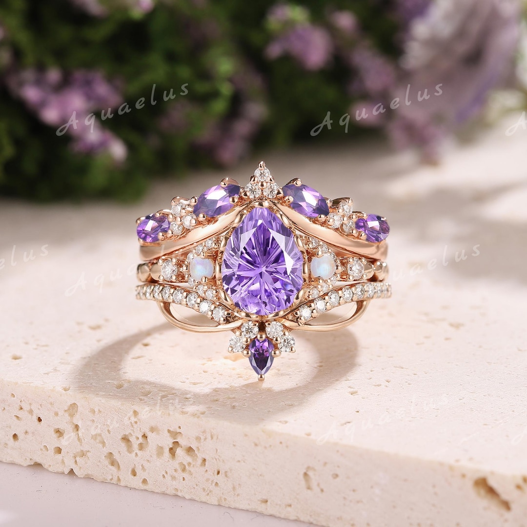 3pcs Rings Pear Firework Cut Purple Sapphire Engagement Ring Set Gold ...