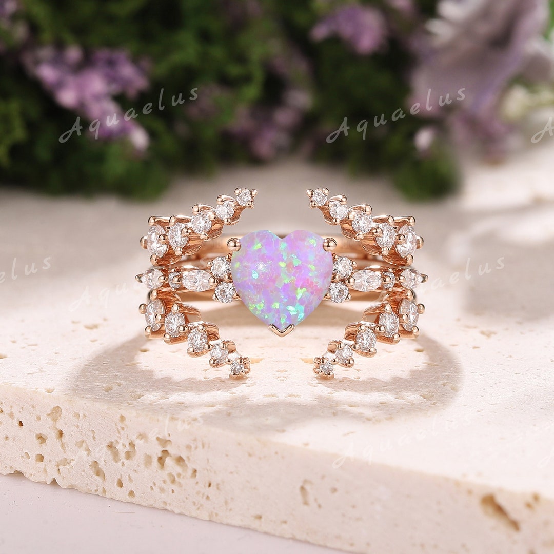 Heart Shaped Pink Opal Engagement Ring Set Moissanite Wedding Ring ...