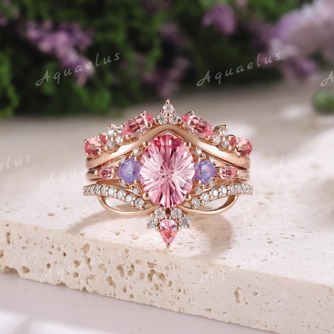 3pcs Rings Oval Firework Cut Pink Sapphire Engagement Ring Set Gold ...