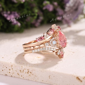 3pcs Rings Pear Firework Cut Pink Sapphire Engagement Ring Set Gold ...