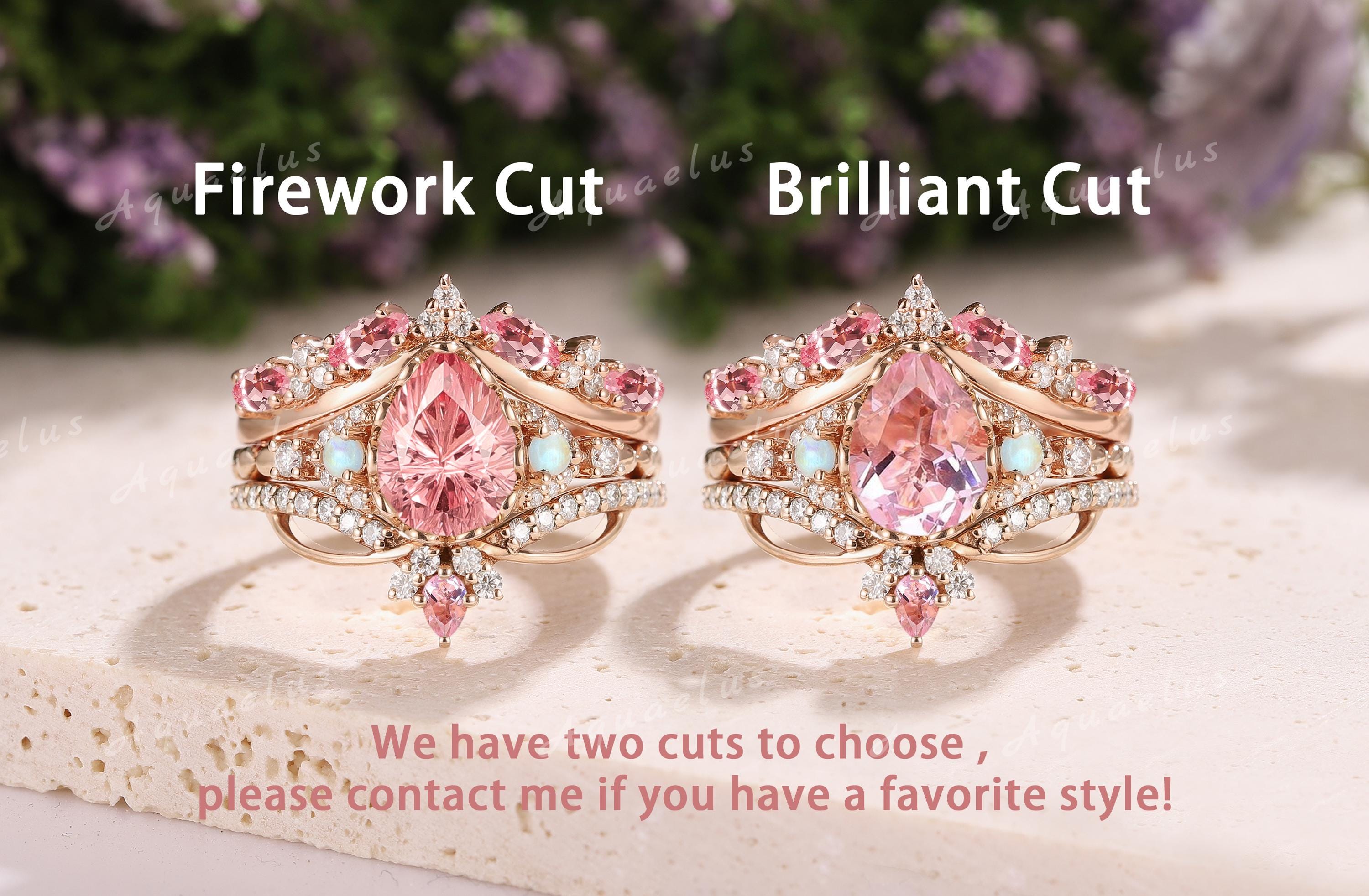 3pcs Rings Pear Firework Cut Pink Sapphire Engagement Ring Set Gold ...
