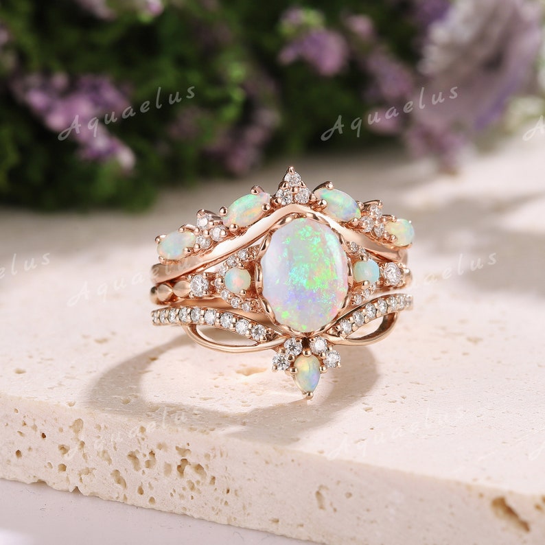 3pcs Oval Opal Engagement Ring Set Solid Gold Fire Opal Ring for Women ...