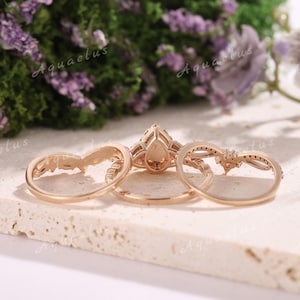 3pcs Rings Pear Firework Cut Pink Sapphire Engagement Ring Set Gold ...