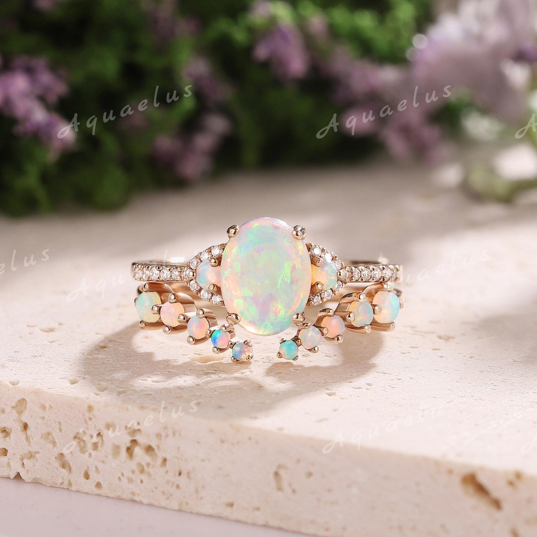 Vintage Rainbow Opal Engagement Ring Set Fire Opal Rings Moissanite ...