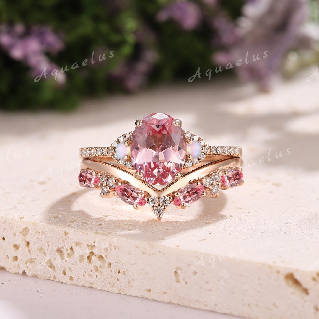 Vintage Pink Sapphire Engagement Ring Set Pink Gemstones Ring for Women ...