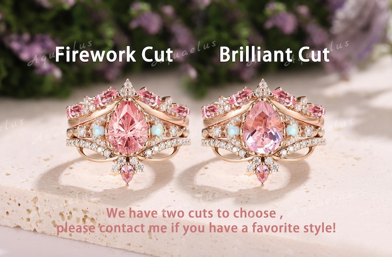 Unique Heart Firework Cut Pink Sapphire Engagement Ring Set 3pcs Gold ...