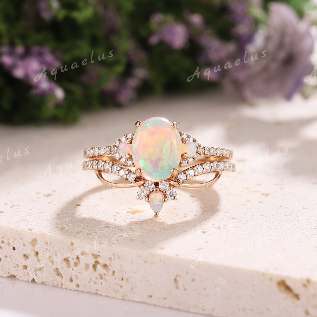 Fire Opal Engagement Ring Set Gold Moissanite Wedding Ring Set for ...