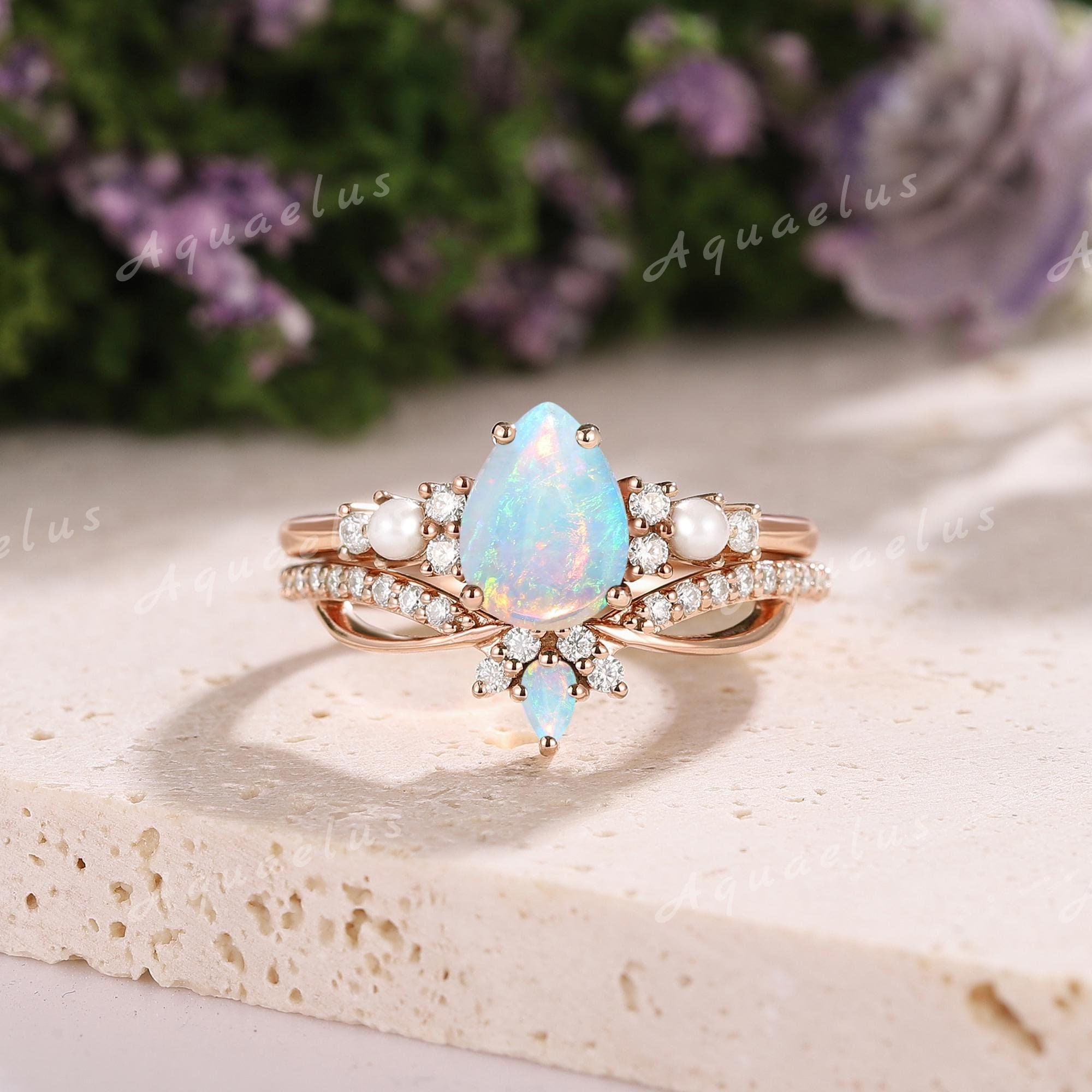 Pear Shaped Opal Engagement Ring Set Rose Gold Natural Pearl Rings for ...