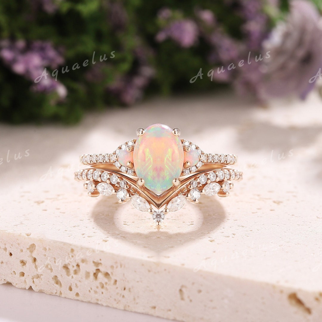 Vintage Fire Opal Engagement Ring Set Moissanite Wedding Band Rose Gold Opal Wedding Ring Set ...