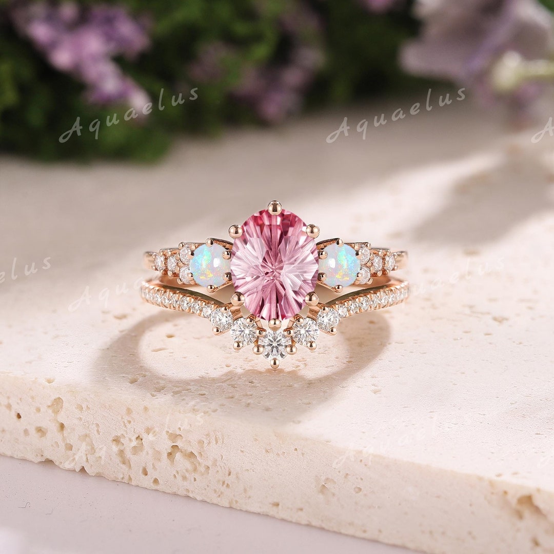 Art Deco Oval Firework Pink Sapphire Engagement Ring Set Rose Gold ...