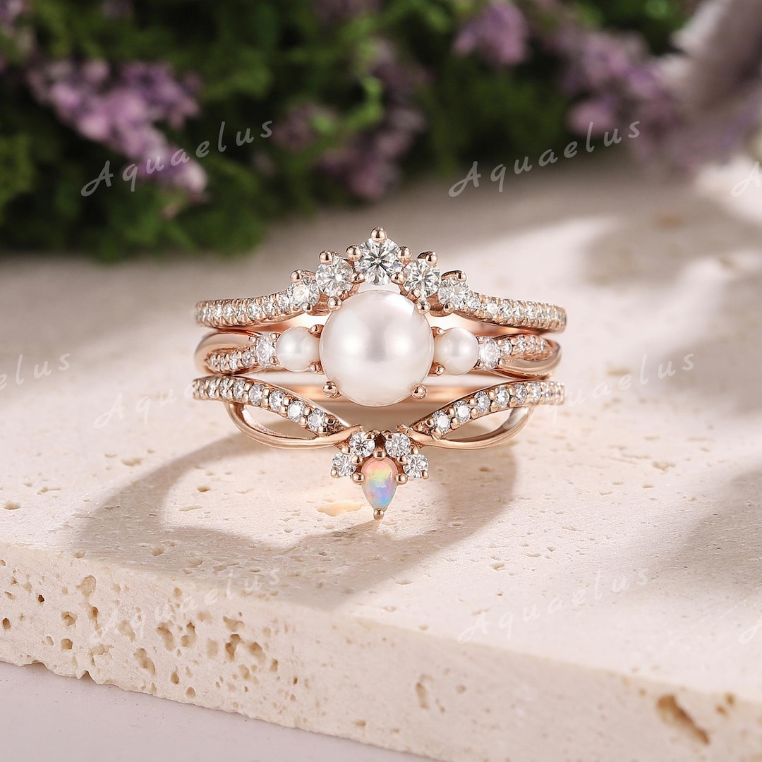3pc Akoya Pearl Engagement Ring Set Moissanite Opal Curved Wedding Band ...