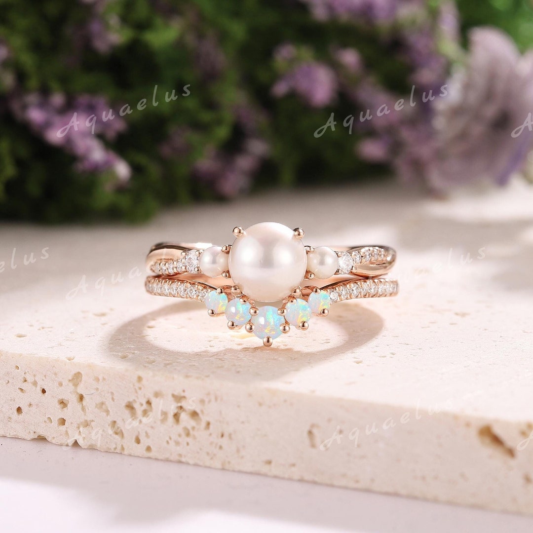 Akoya Pearl Engagement Ring Set Solid Gold Opal Wedding Band Art Deco ...