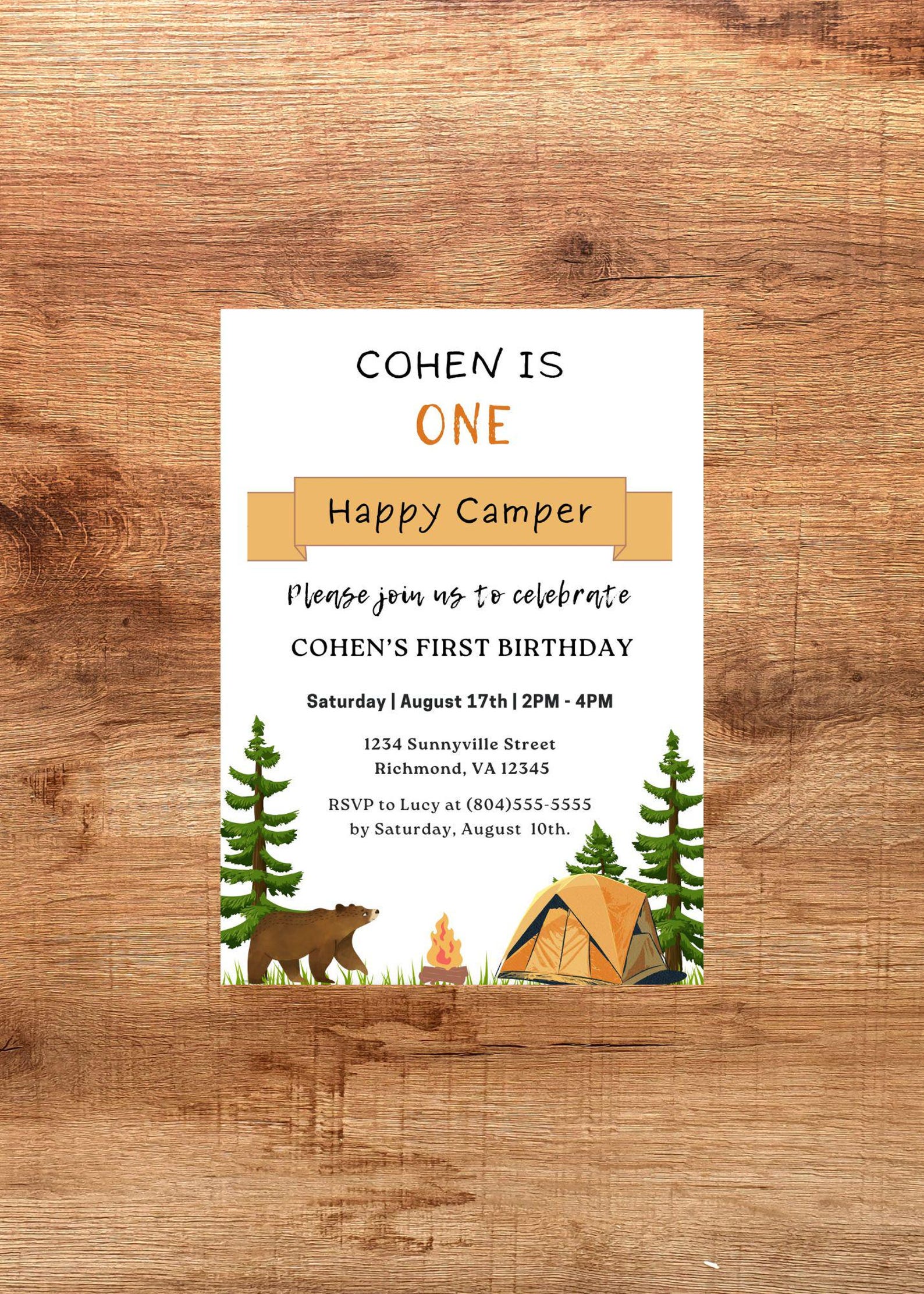 Editable 1st Birthday Invitation, One Happy Camper Invitation - Etsy
