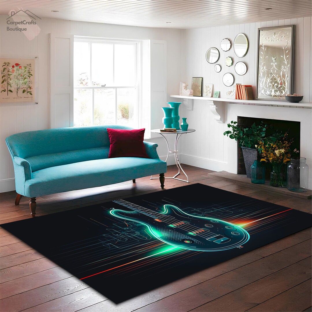 Colorful Music Guitar Rug, Rock 'n' Roll Rug, Neon Electronic Guitar ...