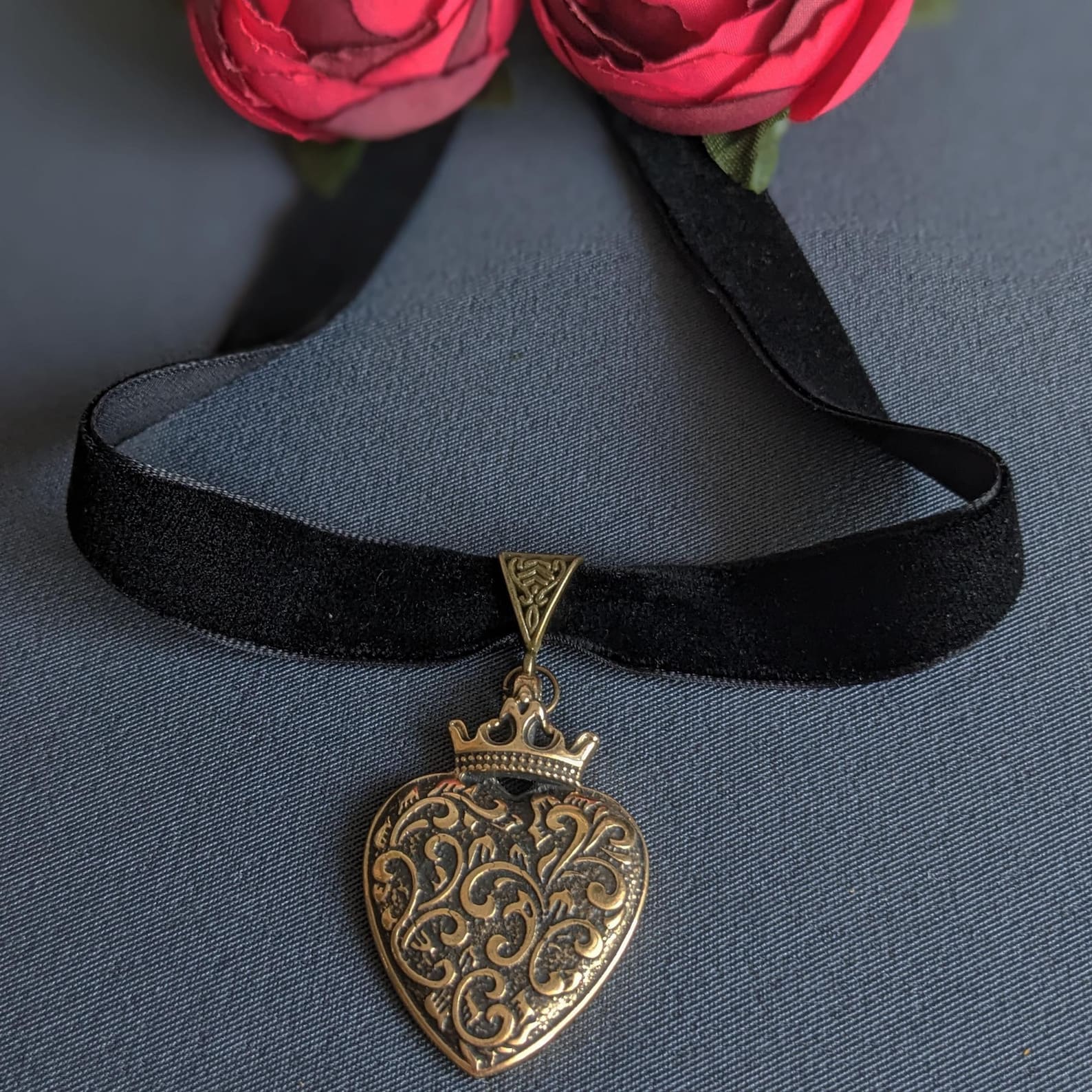 Victorian Witches Heart Pendant on Black Velvet Ribbon Choker, Puffy ...