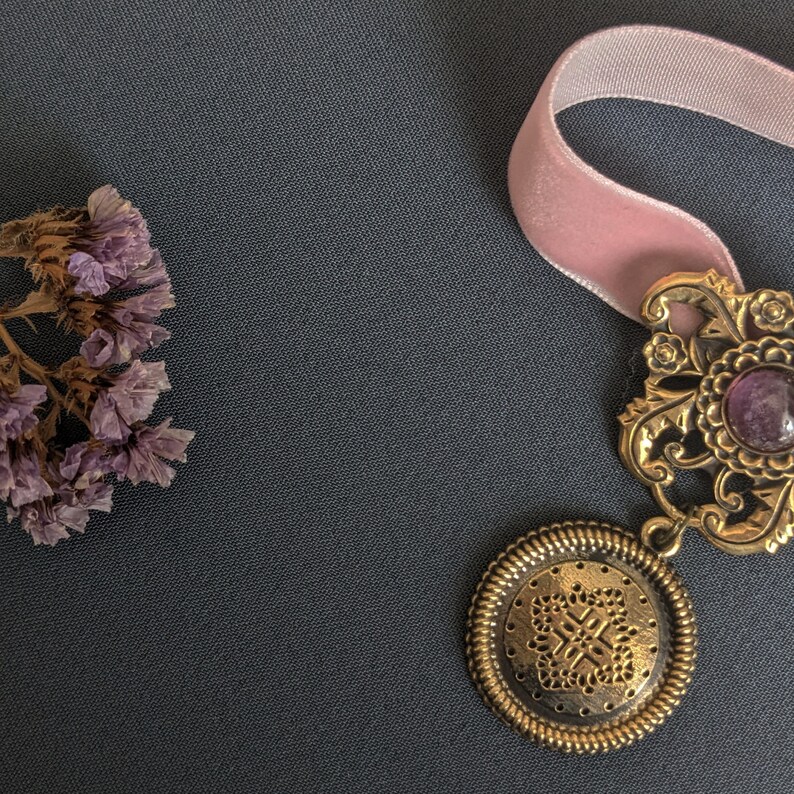 Princesscore Choker With Bronze Pendant, Pink Velvet Ribbon Choker ...
