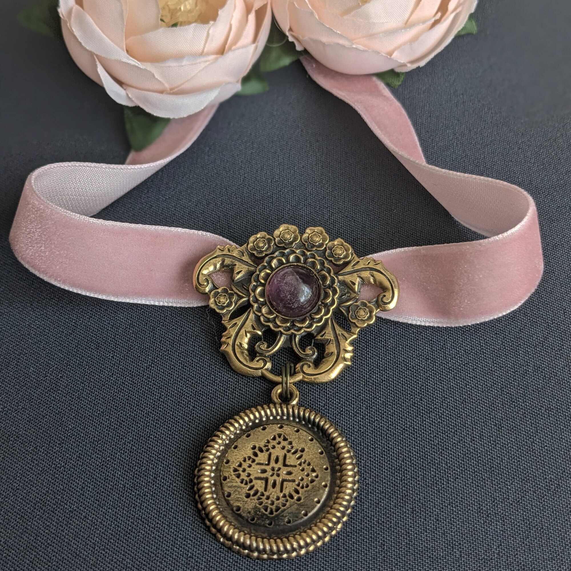 Princesscore Choker With Bronze Pendant, Pink Velvet Ribbon Choker ...