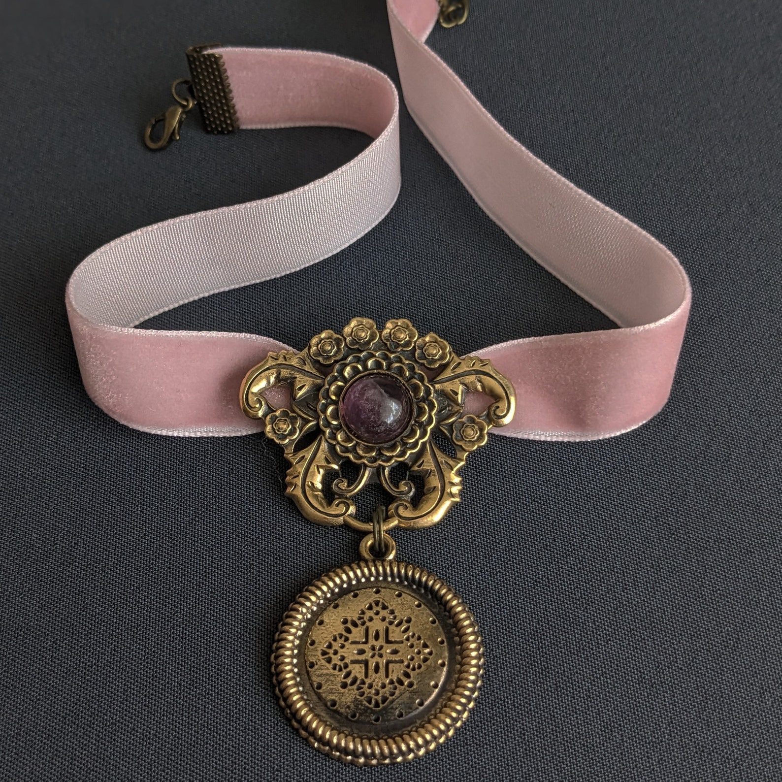 Princesscore Choker With Bronze Pendant, Pink Velvet Ribbon Choker ...