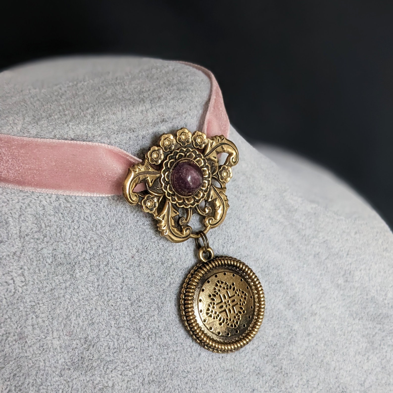 Princesscore Choker With Bronze Pendant, Pink Velvet Ribbon Choker ...