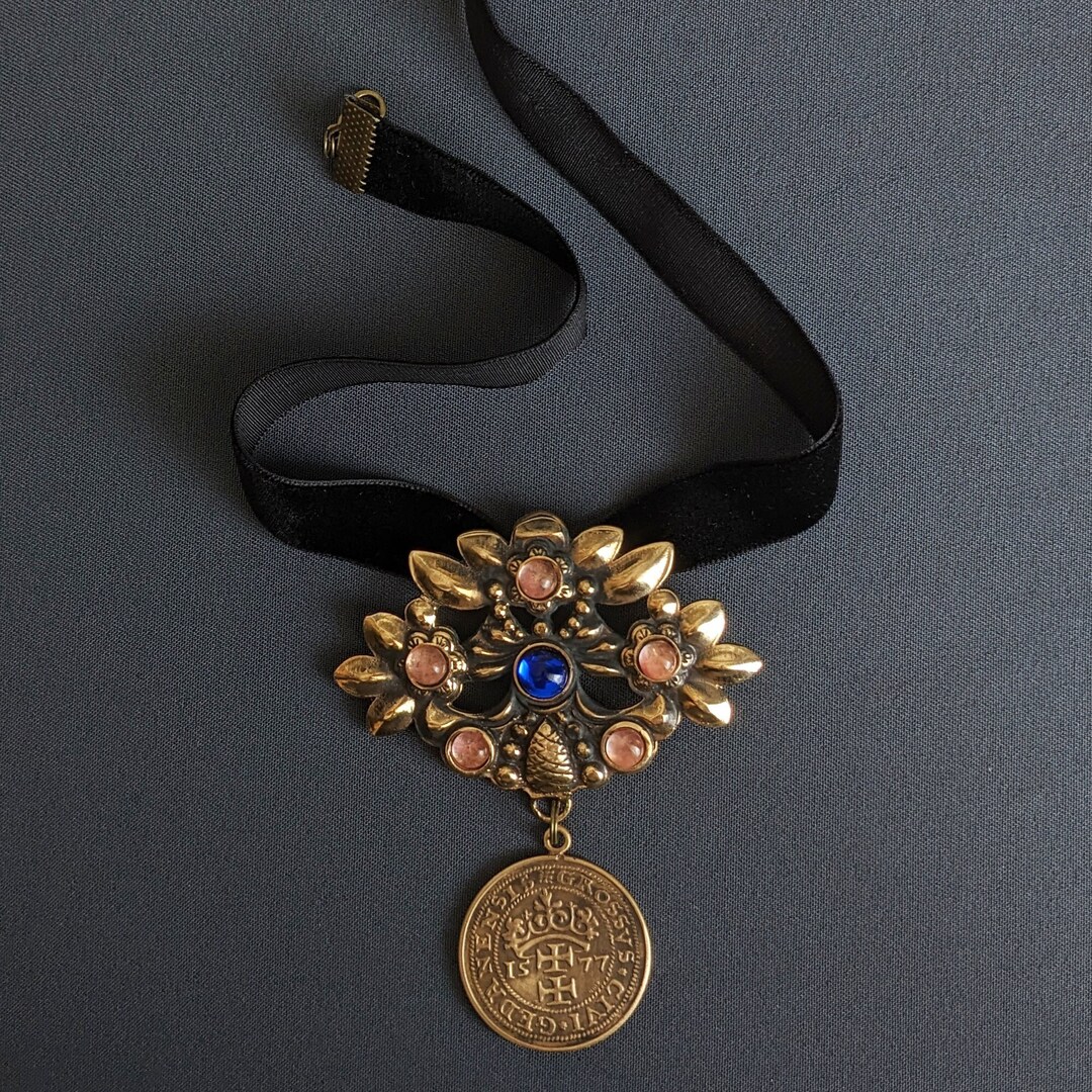 Black Velvet Choker With Medieval Style Pendant, Chunky Antique Looking ...