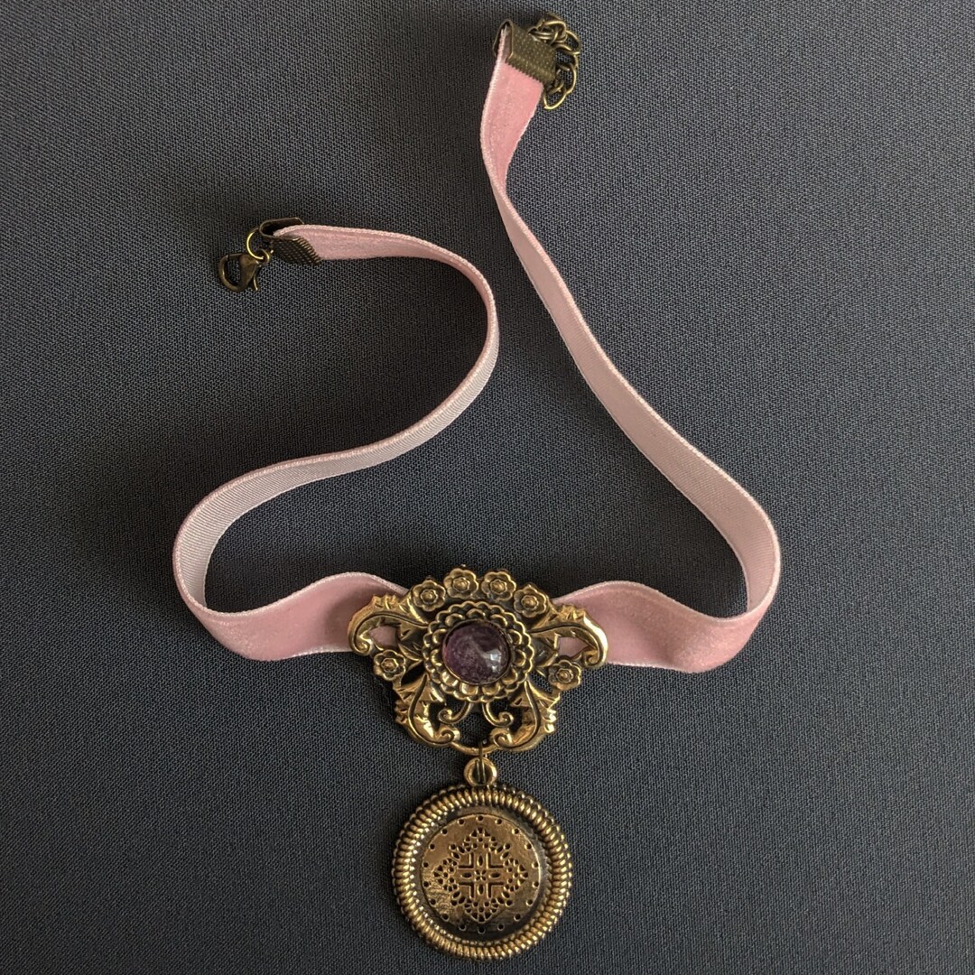 Princesscore Choker With Bronze Pendant, Pink Velvet Ribbon Choker ...