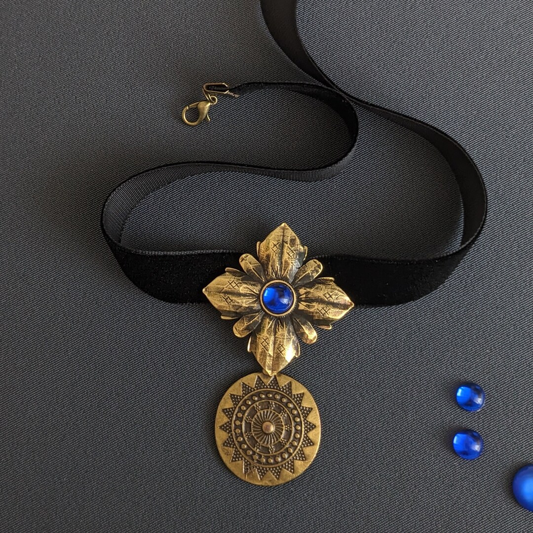 Medieval Brass Pendant on Black Velvet Ribbon Choker, Gothic Necklace ...