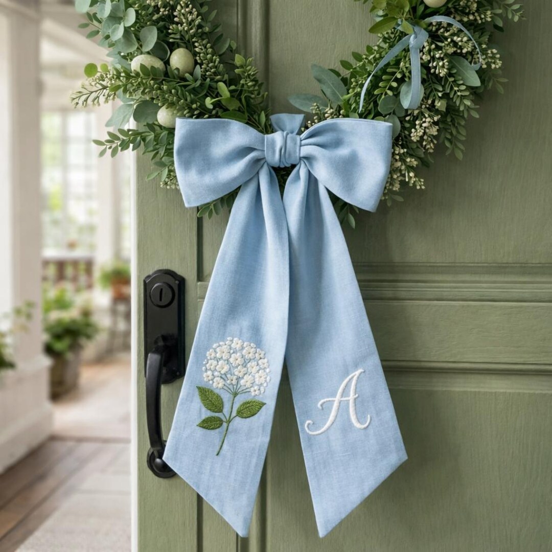 Personalized Embroidered Hydrangea Wreath Sash Bow, Custom Initials ...
