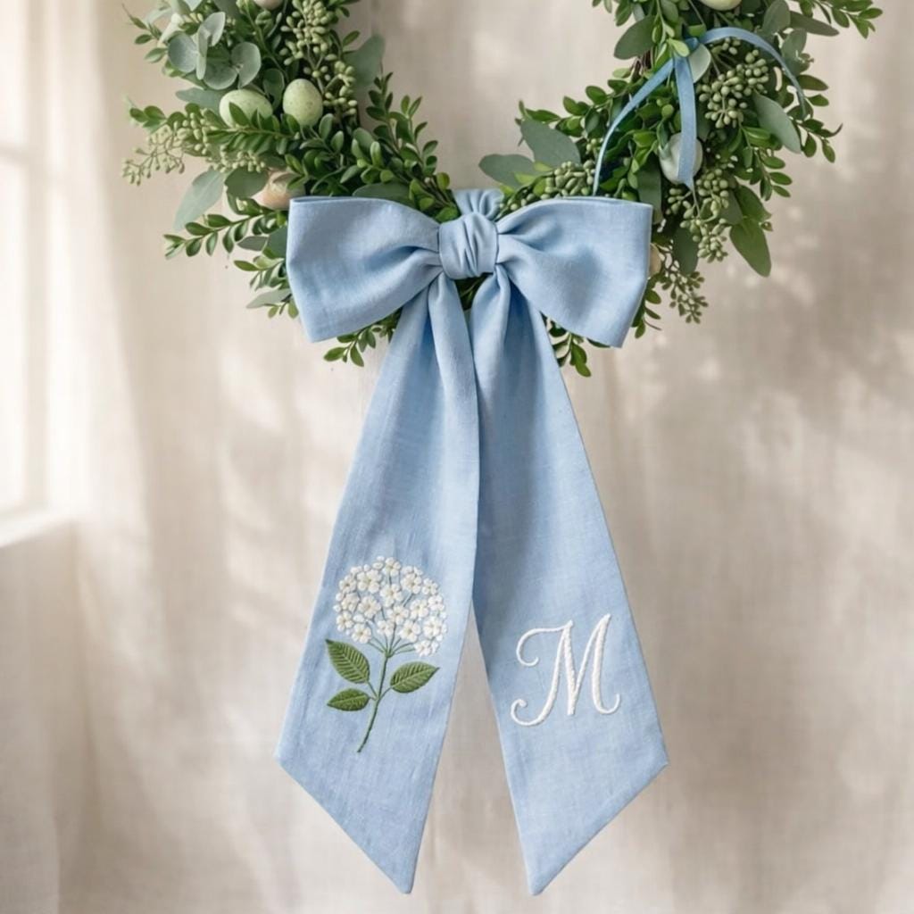 Personalized Embroidered Hydrangea Wreath Sash Bow, Custom Initials ...