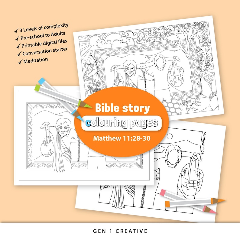 Christian Bible Story Colouring Pages / Coloring Sheets. Matthew 11:28 ...