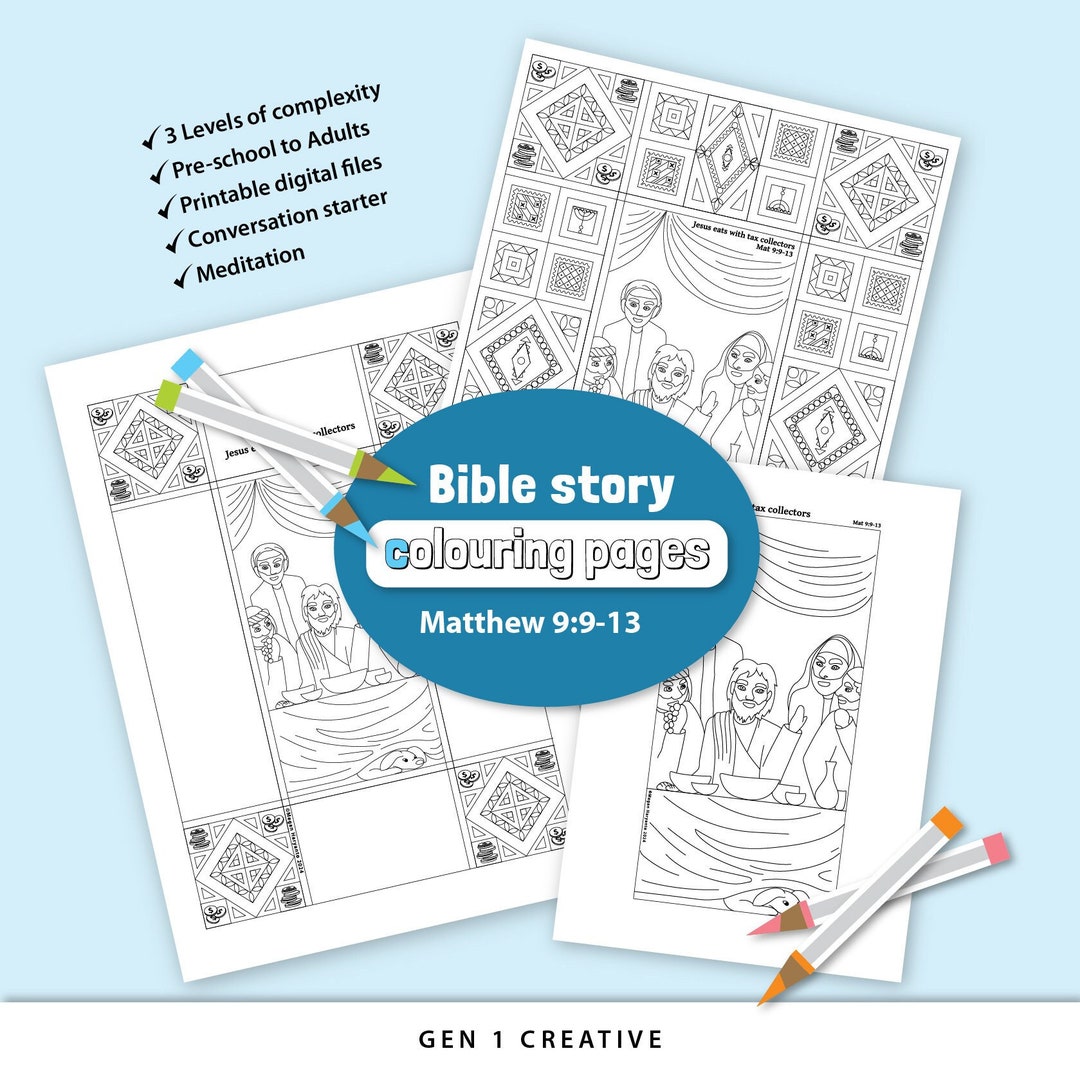 Christian Bible Story Colouring Pages. Matthew 9:9-13. Jesus Eats With ...