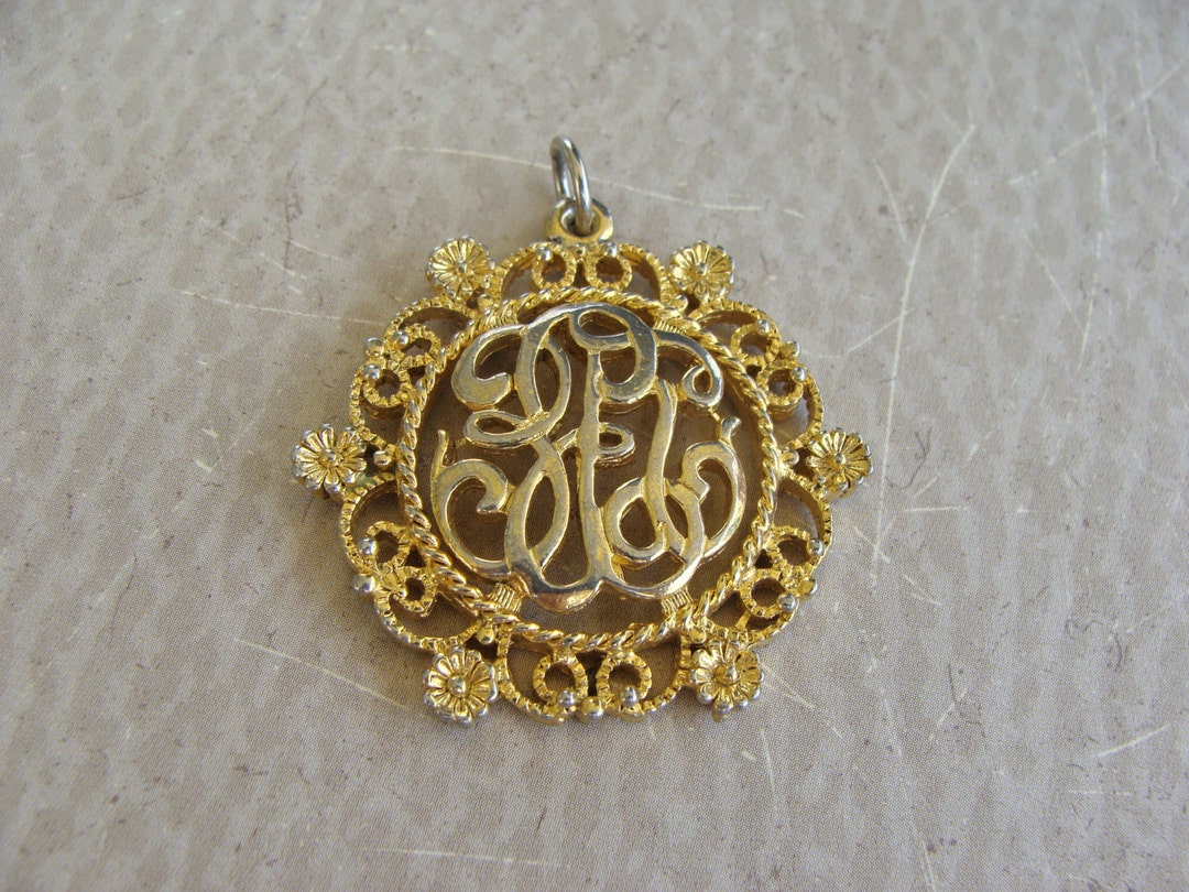 Vintage Monet Gold Monogram Pendant Filigree Initial Round Charm Script ...
