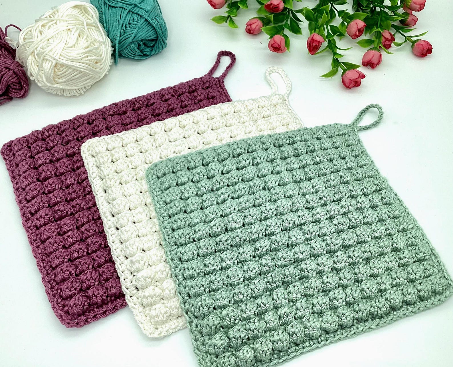 English Crochet Pattern Bobble Hot Pad Crochet Tutorial Potholder for ...