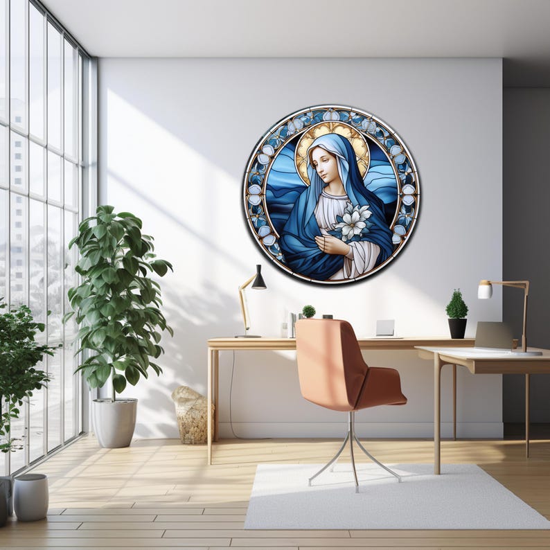 Virgin Mary Round Tempered Glass Wall Art, Virgin Mary Print, Christan ...