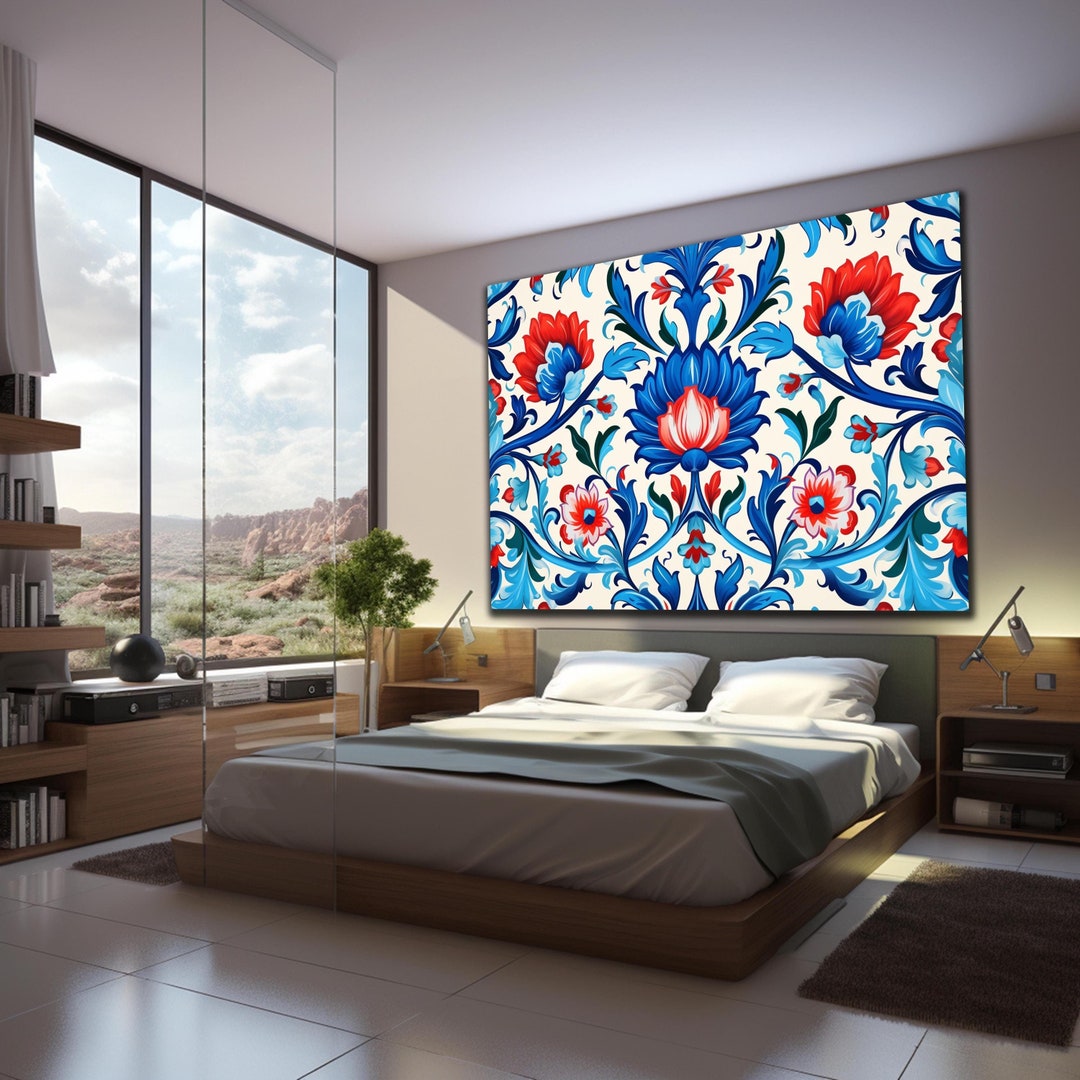 Turkish Pattern Tempered Glass Wall Art, Ethnic Wall Decor, Large Glass ...