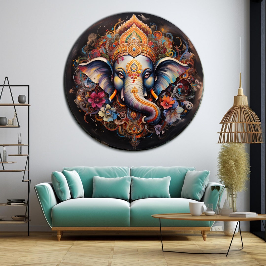 Ganesha Tempered Glass Wall Art, Ganesha Painting, Round Wall Art ...