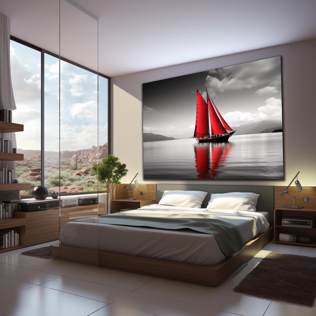 Red Sailing Boat Tempered Glass Wall Art, Boat Glass Wall Decor, Wall ...