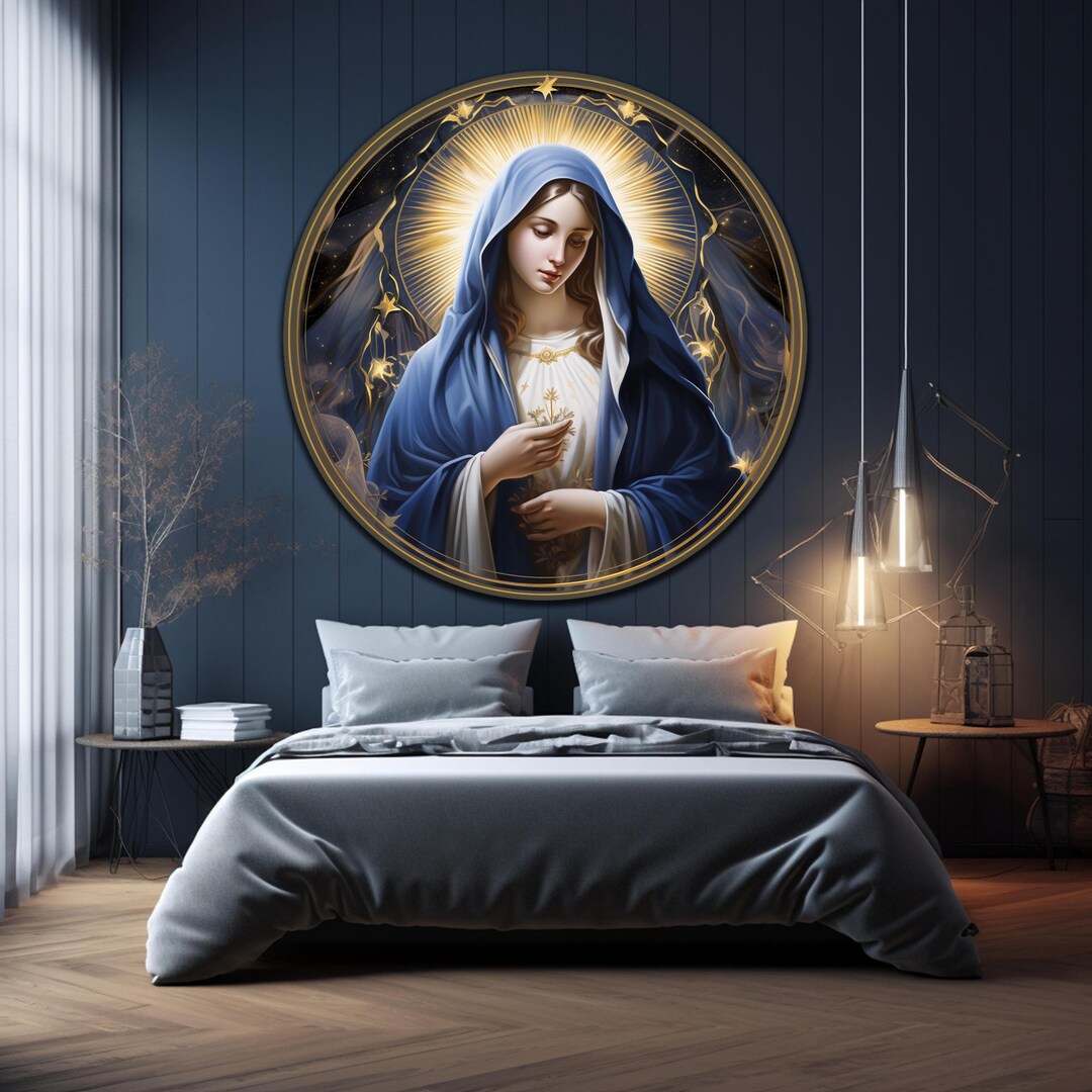Virgin Mary Round Tempered Glass Wall Art, Virgin Mary Print, Christan ...