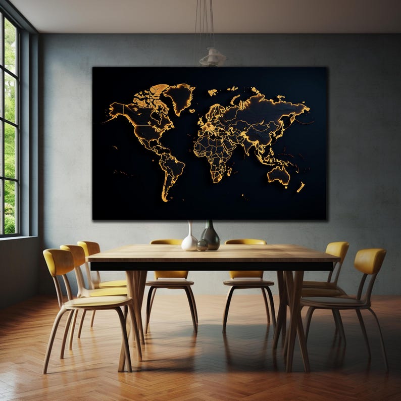 World Map Tempered Glass Wall Art, Natural Wall Decor, Vivid Wall Decor ...