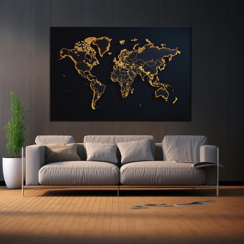 World Map Tempered Glass Wall Art, Natural Wall Decor, Vivid Wall Decor ...