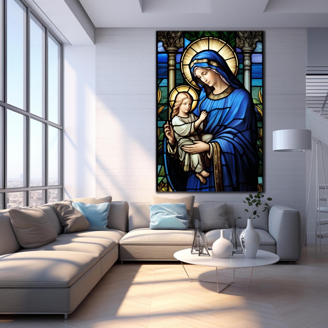 Virgin Mary and Jesus Wall Art, Tempered Glass Wall Art, Catholic Wall ...