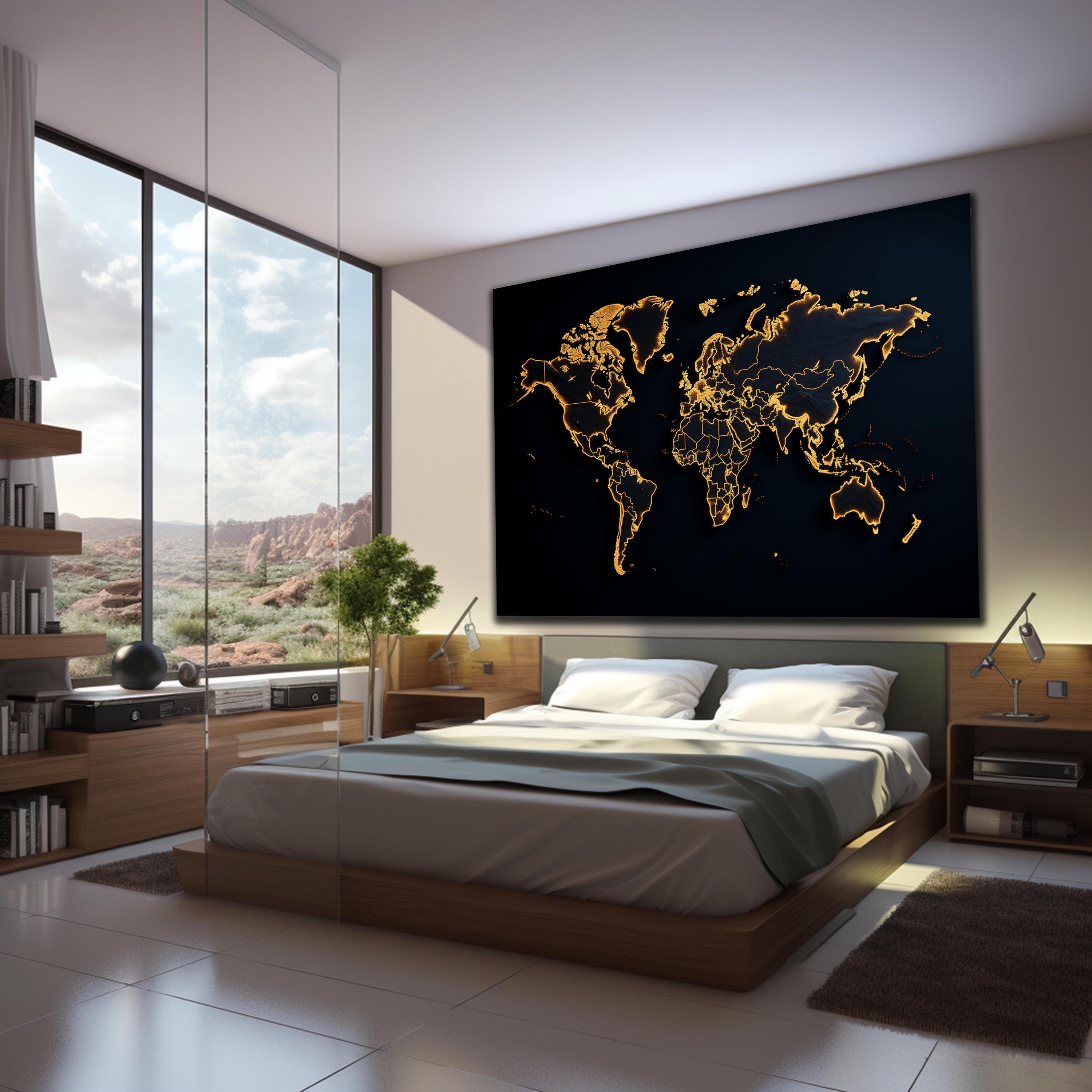 World Map Tempered Glass Wall Art, Natural Wall Decor, Vivid Wall Decor ...